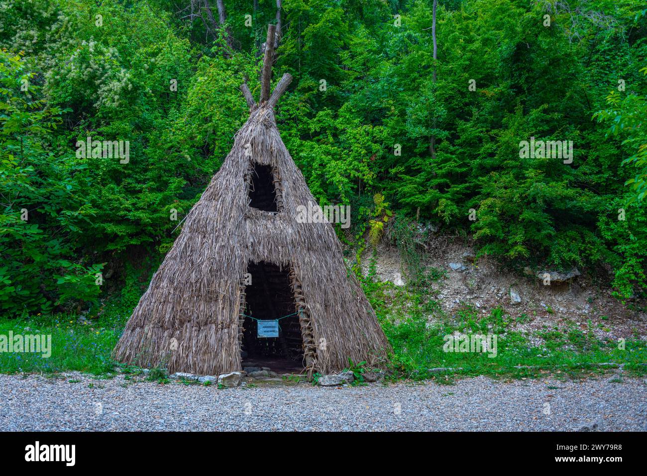 Reconstruction of paleolithic village at Lepenski Vir in Serbia Stock ...