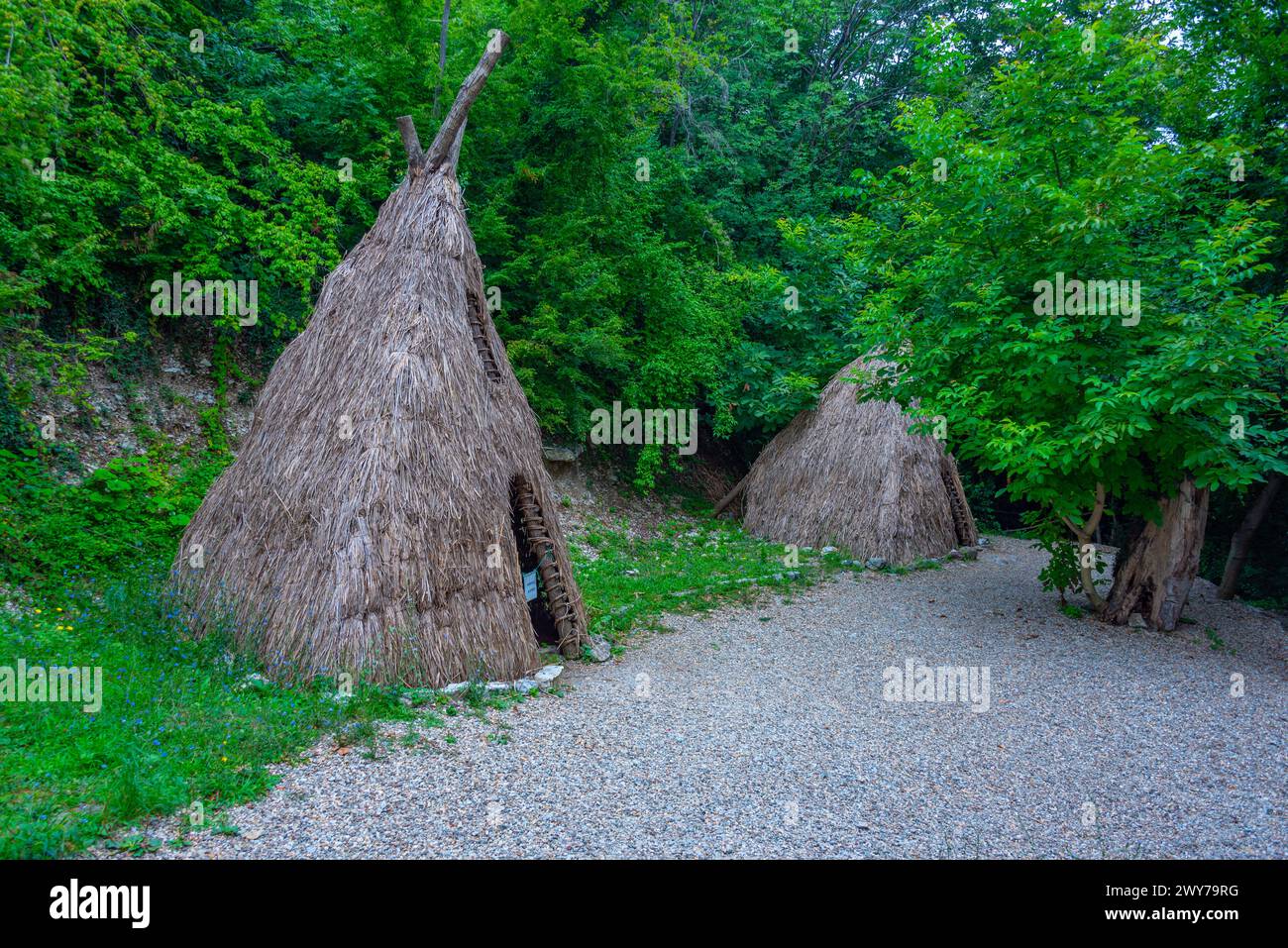 Reconstruction of paleolithic village at Lepenski Vir in Serbia Stock ...