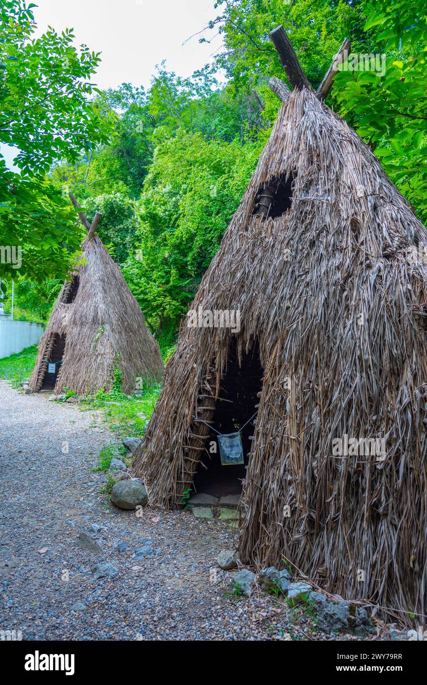 Reconstruction of paleolithic village at Lepenski Vir in Serbia Stock ...