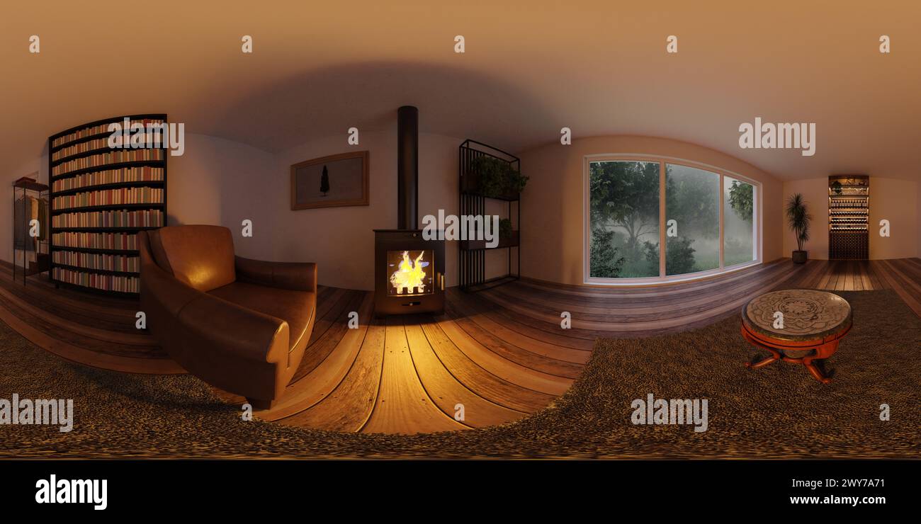 A living room with a fireplace and a spiral staircase 360 panorama vr ...