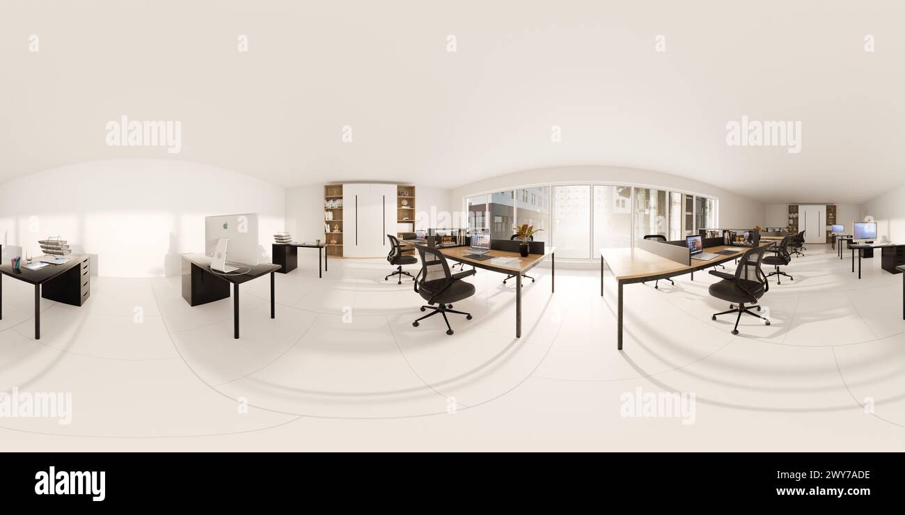 Modern office space captured in a 360-degree panoramic view at daytime ...