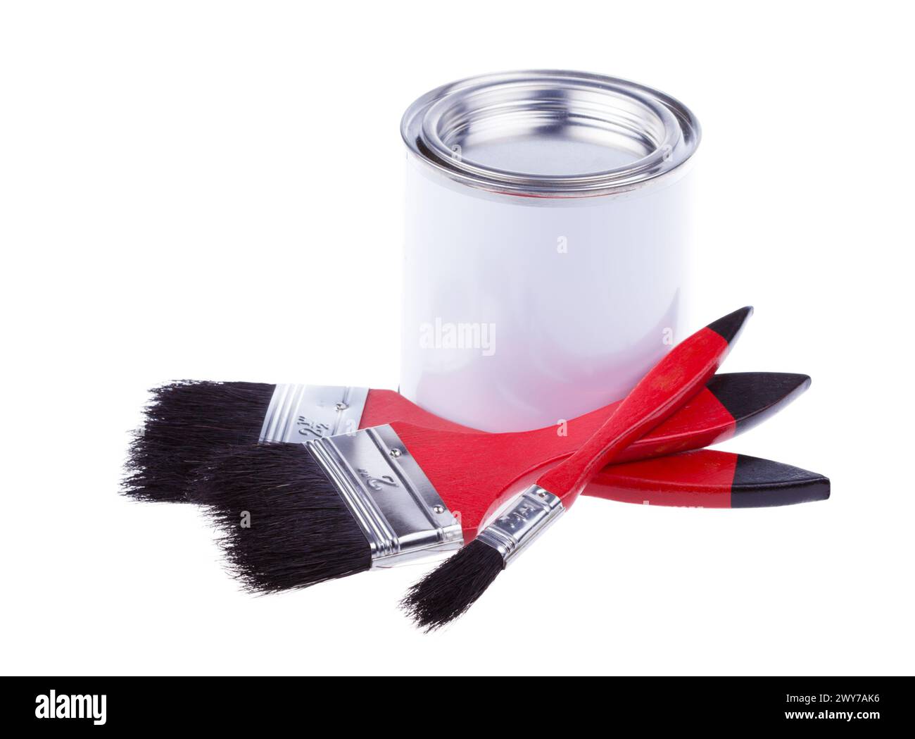 Generic white tin can with paint and flat brushes Stock Photo - Alamy