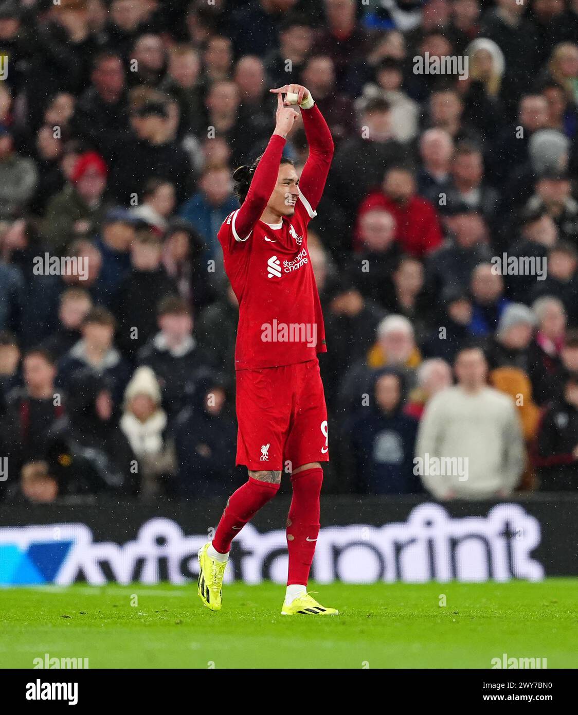 Liverpool's Darwin Nunez celebrates scoring their side's first goal of ...