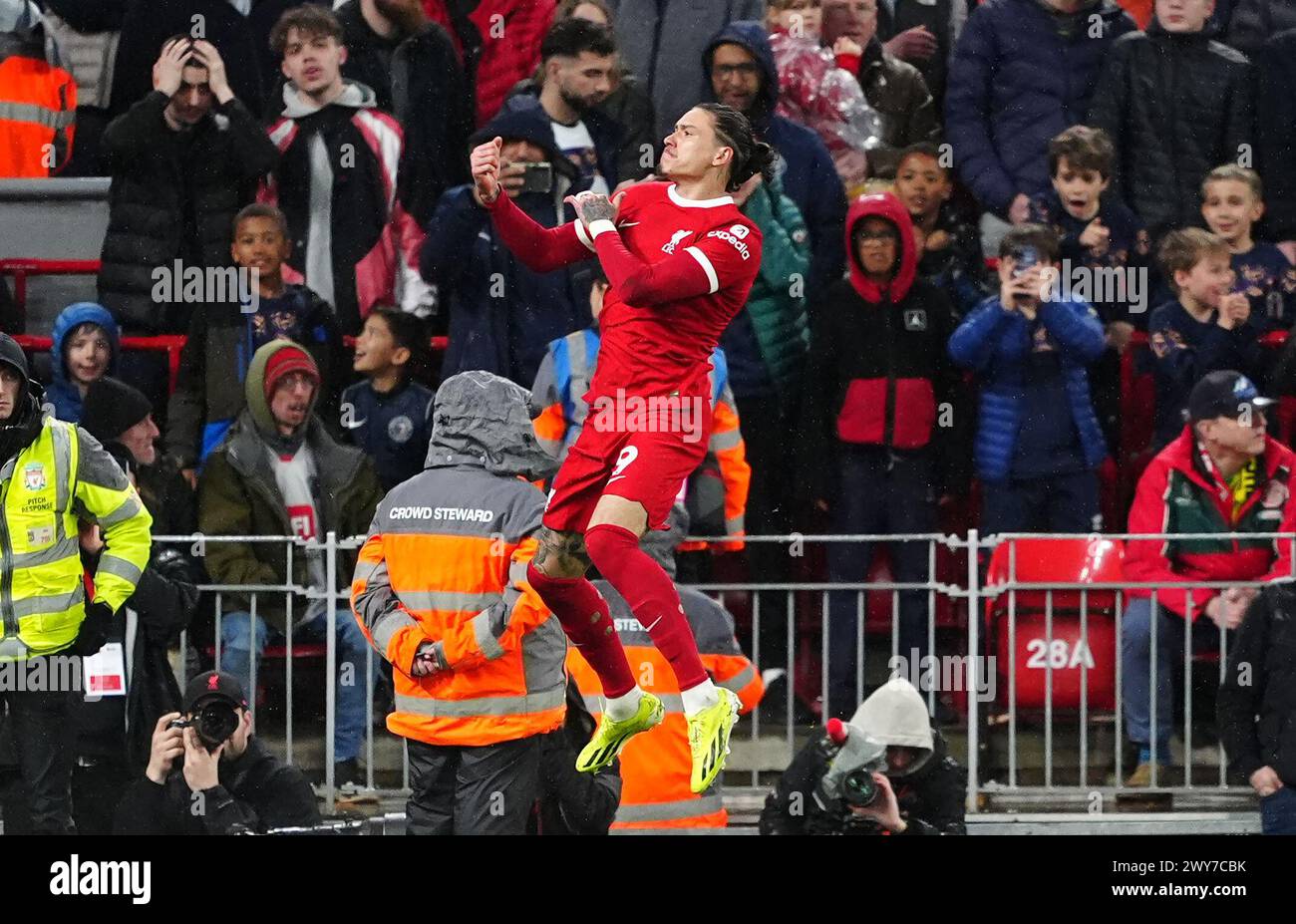 Liverpool's Darwin Nunez celebrates scoring their side's first goal of ...
