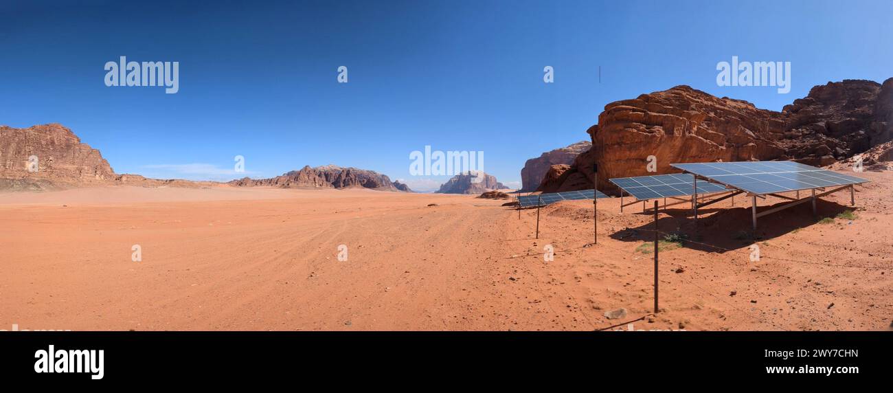 solar power plant in Wadi Rum desert in Jordan,Arabia, red sand dunes ...
