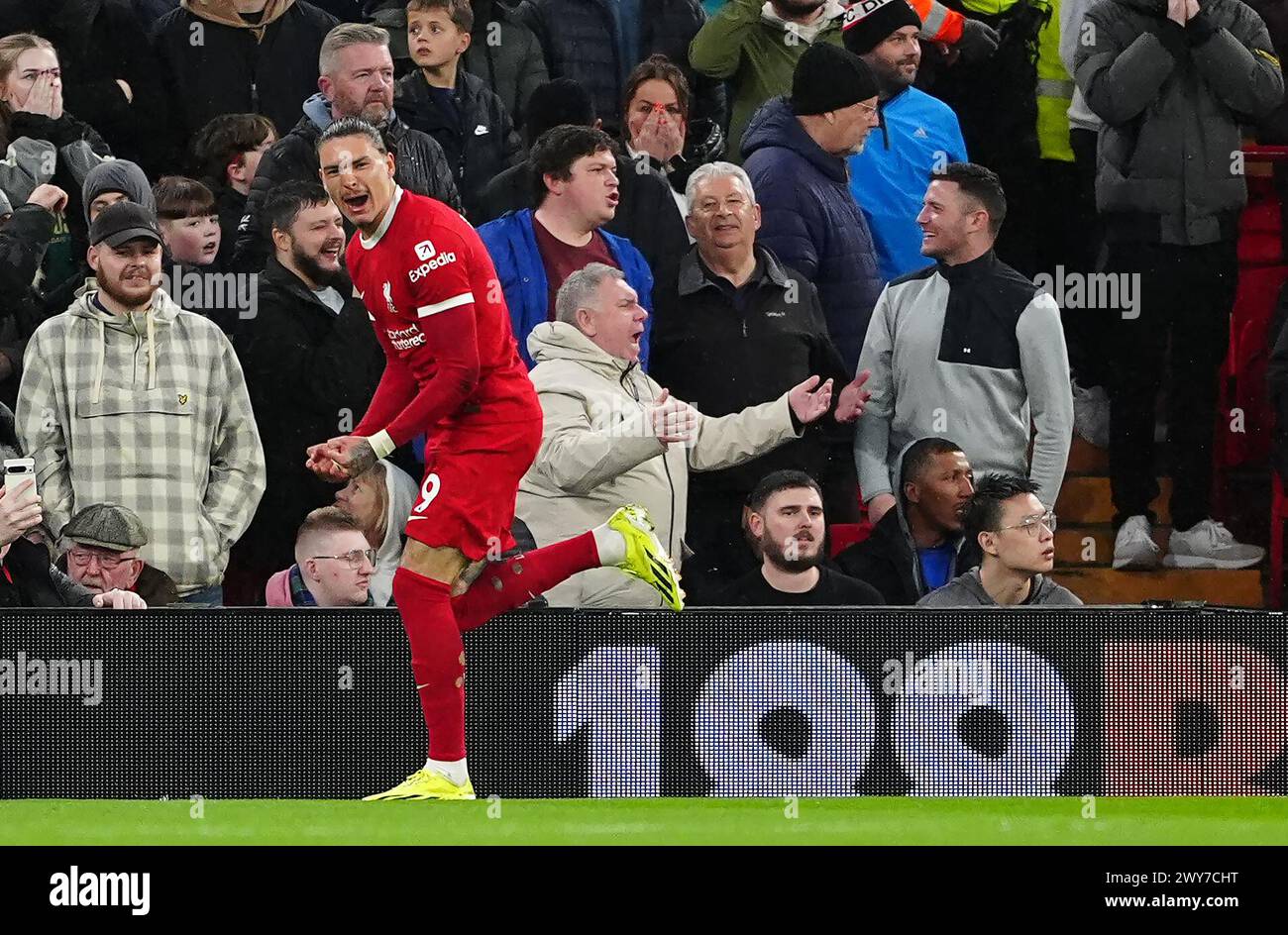 Liverpool's Darwin Nunez celebrates scoring their side's first goal of ...