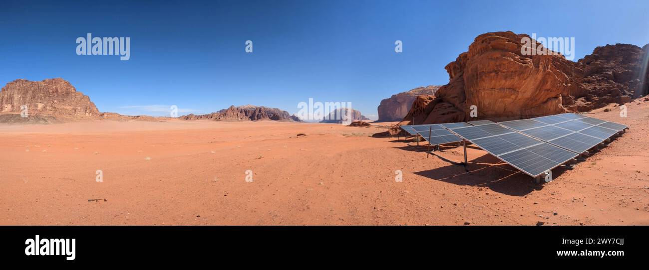 solar power plant in Wadi Rum desert in Jordan,Arabia, red sand dunes ...