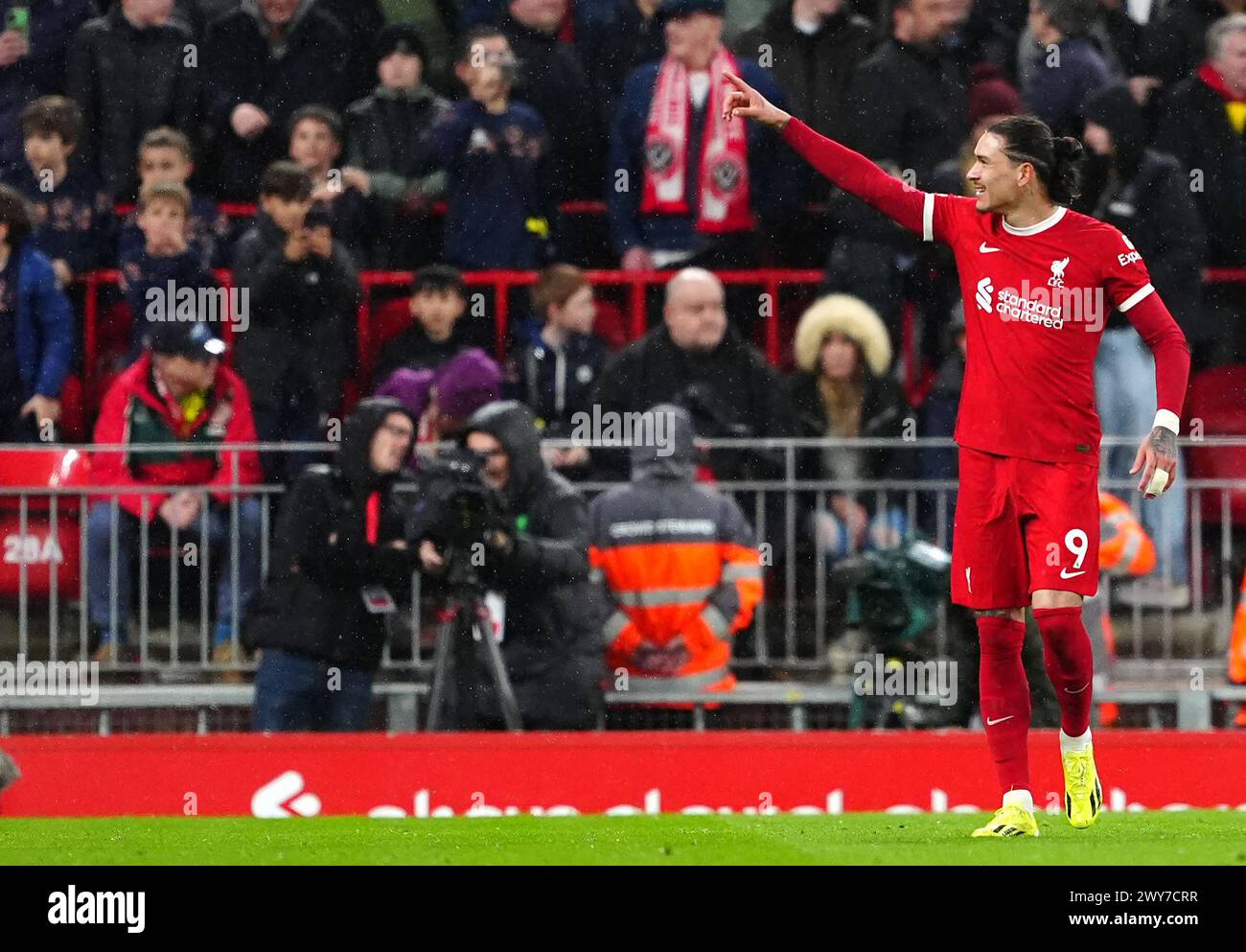 Liverpool's Darwin Nunez celebrates scoring their side's first goal of ...