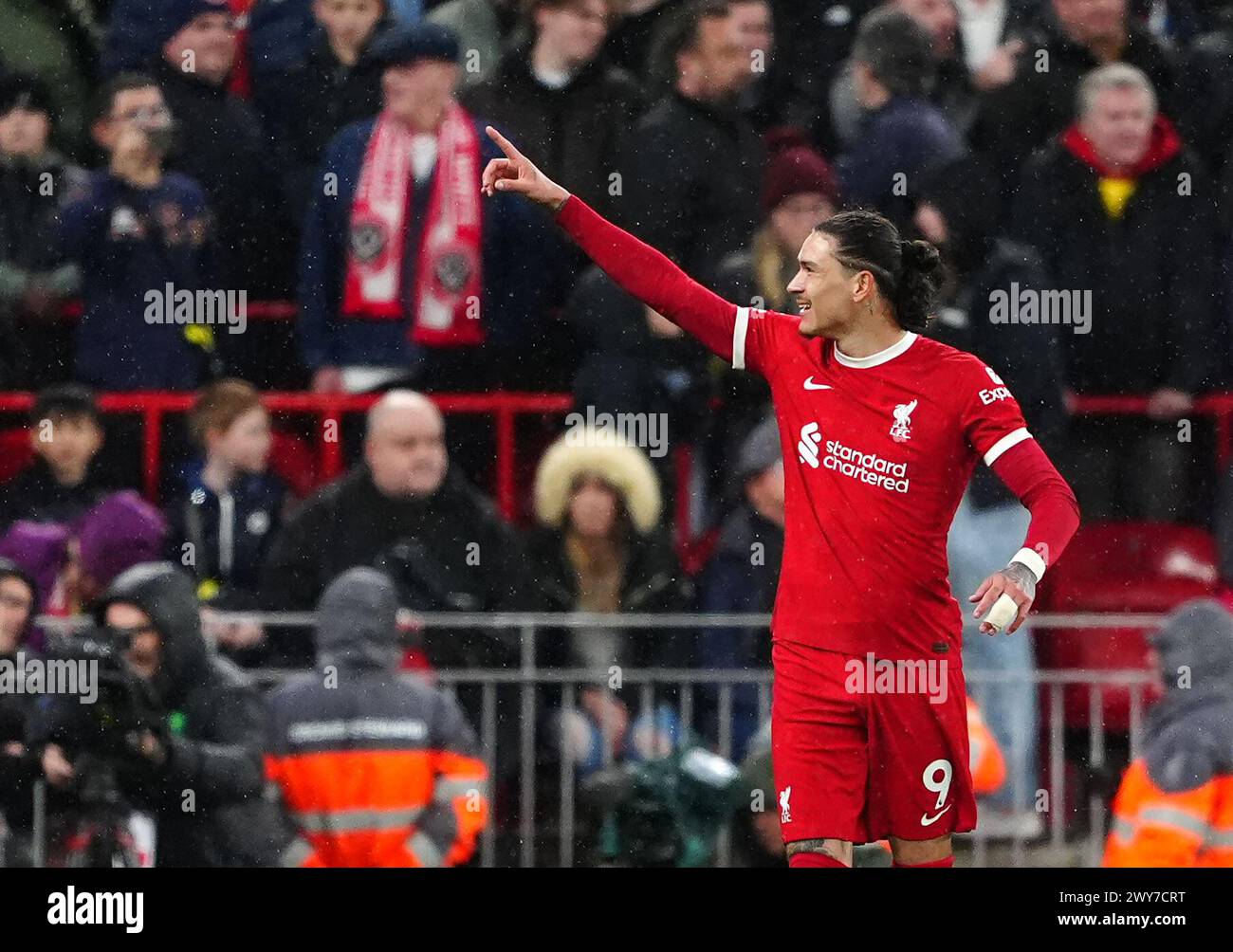 Liverpool's Darwin Nunez celebrates scoring their side's first goal of ...