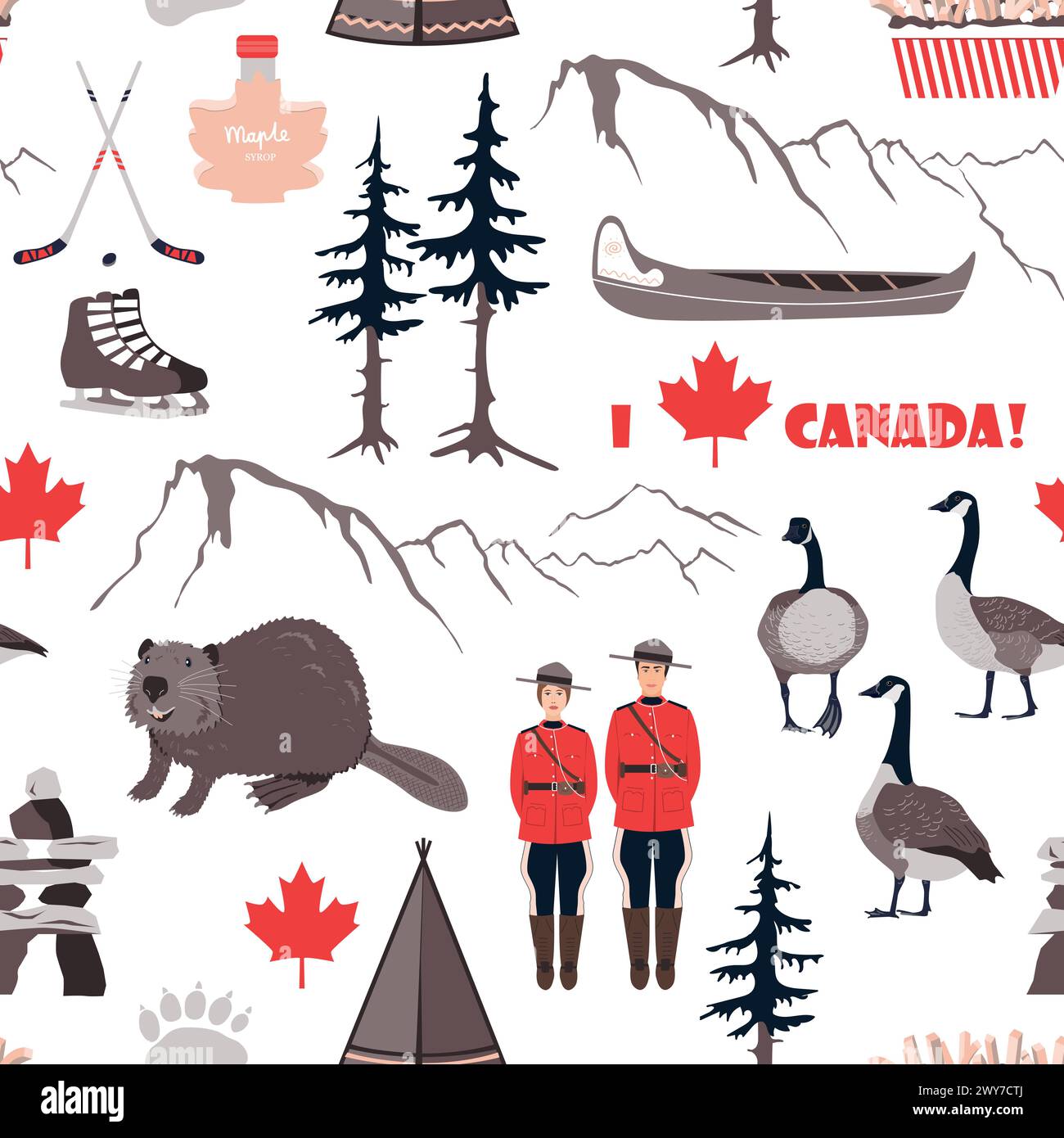 I love Canada seamless pattern with Canadian symbols. Beaver, goose ...