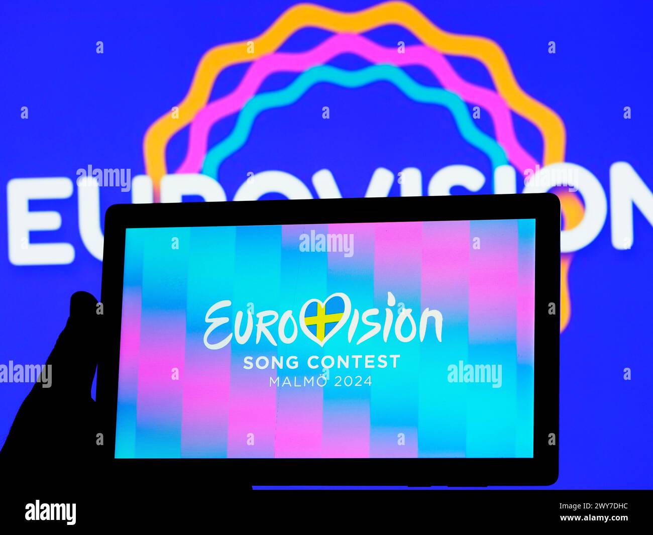 In this photo illustration, the Eurovision Song Contest 2024 logo seen ...