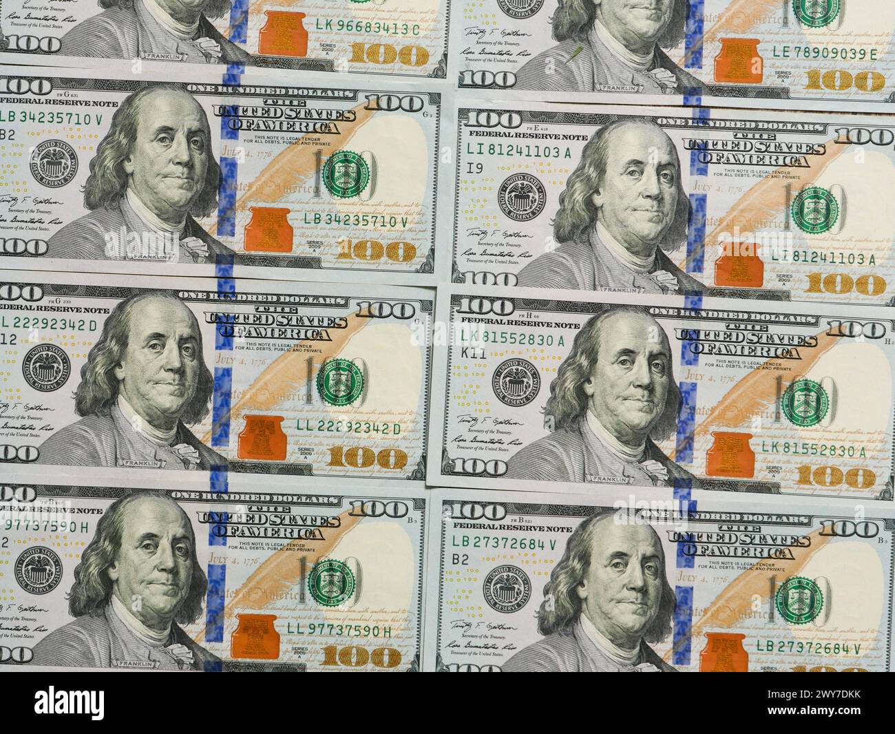 Evenly folded American dollars in denominations of 100 dollars, top ...