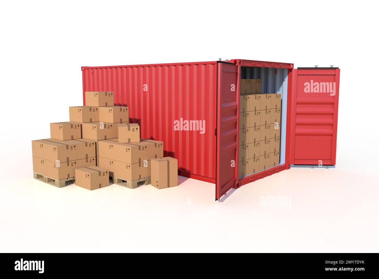 Ship cargo container side view with cardboard boxes Stock Photo - Alamy