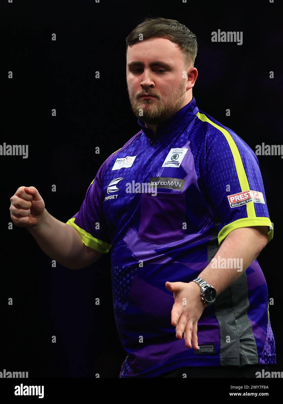 Manchester, UK. 04th Apr, 2024. Luke Littler reacts during the 2024 ...