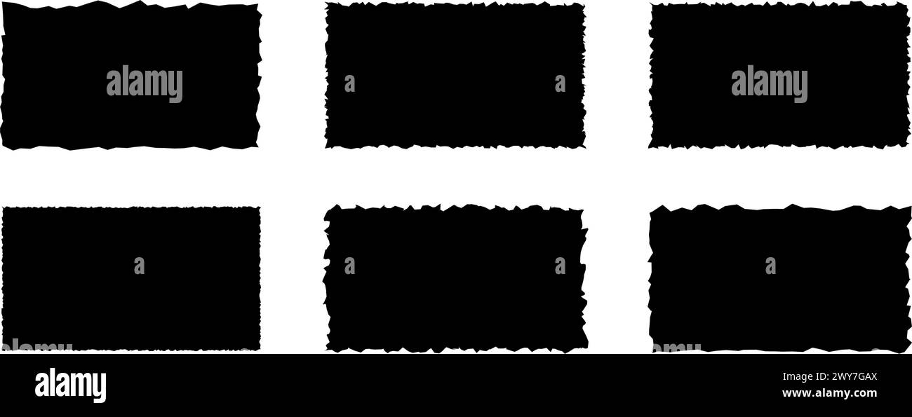 Set of torn paper pieces. Black grunge jagged rectangle frames. Vector torn paper sheet for ...