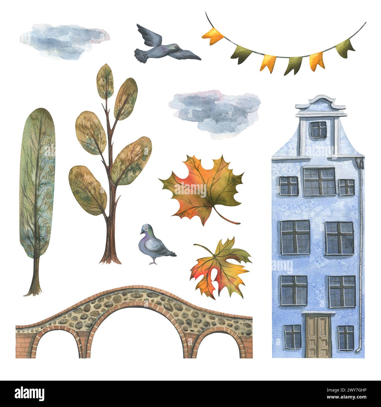 Ancient European houses are colorful, with autumn trees and leaves ...