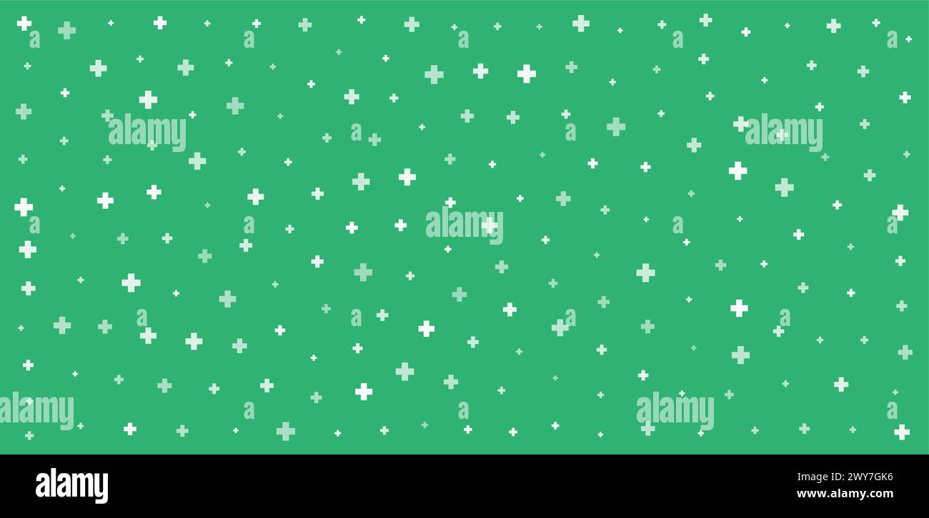 White plus symbols of different sizes and opacity on green background ...
