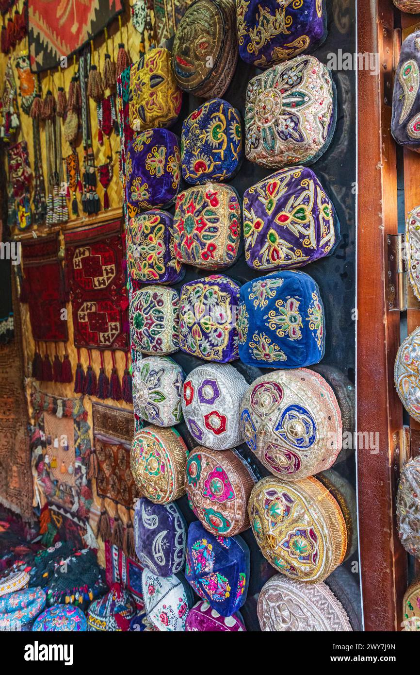 Bukhara, Uzbekistan, Central Asia. Traditional kufi skull caps at a store in Bukhara Stock Photo ...