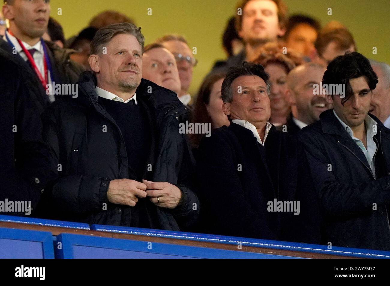 Left to right, Peter Schmeichel, Sebastian Coe and his son Harry Coe in ...