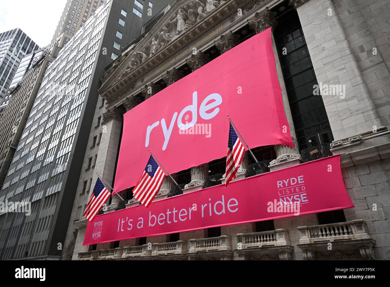 Signage for Ryde (RYDE) outside the New York Stock Exchange on April 04, 2024 in New York City ...