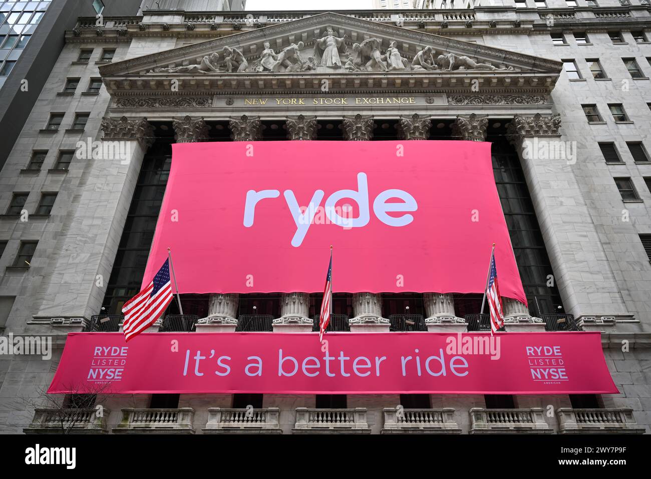Signage for Ryde (RYDE) outside the New York Stock Exchange on April 04, 2024 in New York City ...