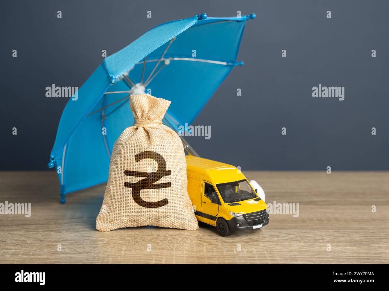 Yellow delivery van and ukrainian hryvnia money bag under an blue ...