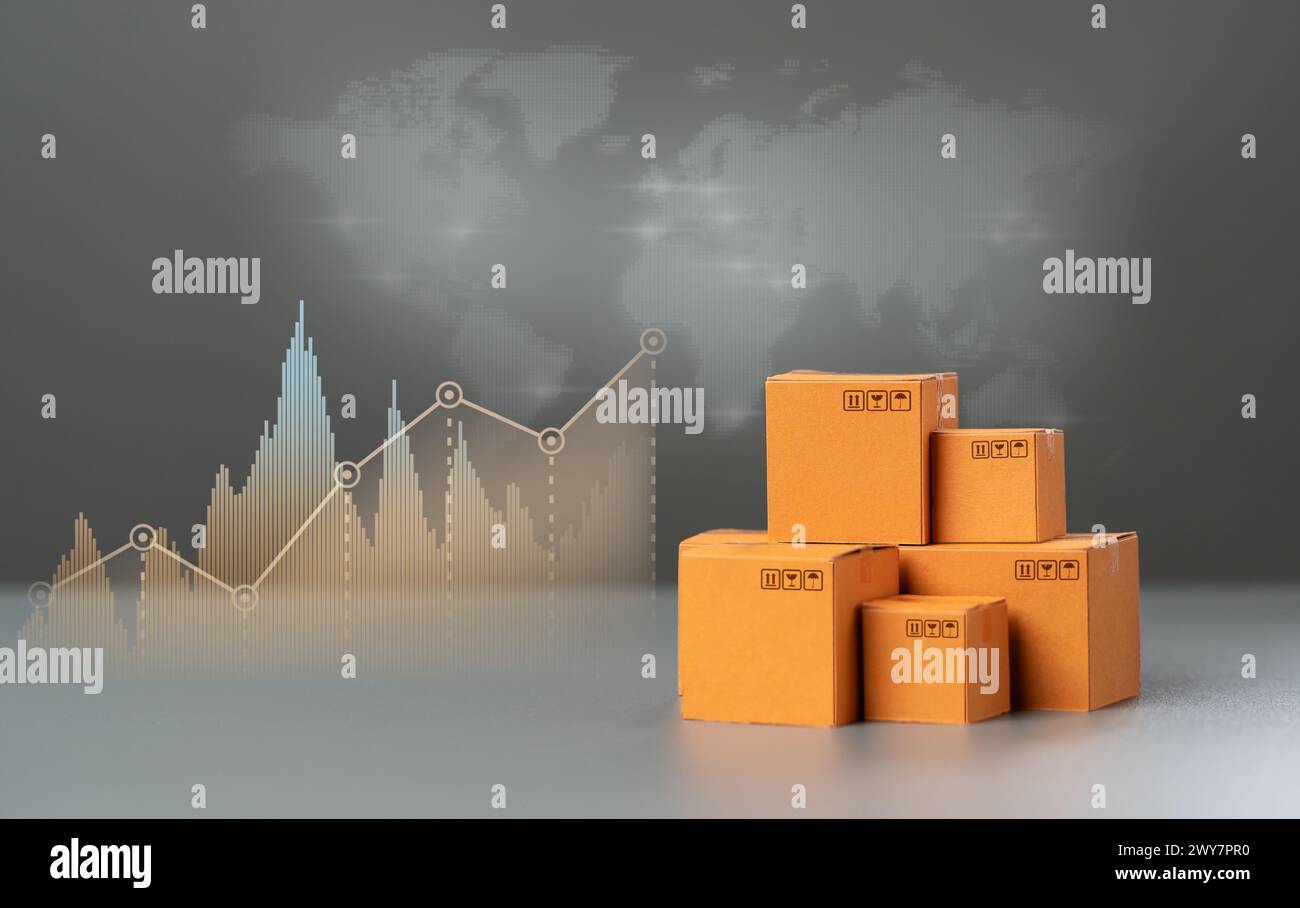 Boxes with goods and sales growth charts. Growing economy. Consumer ...