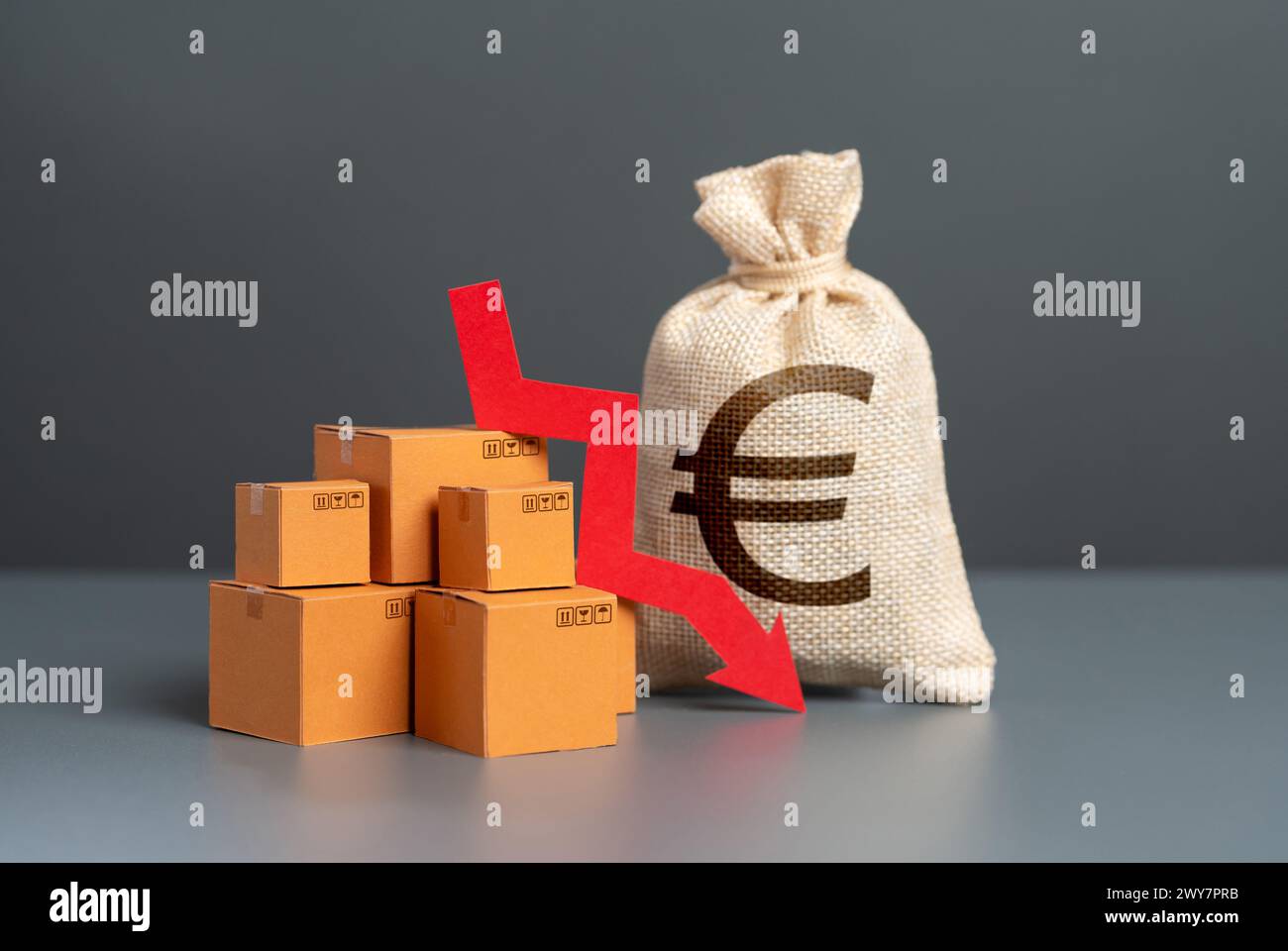 Boxes with goods and a red arrow up next to a euro money bag. Trade ...
