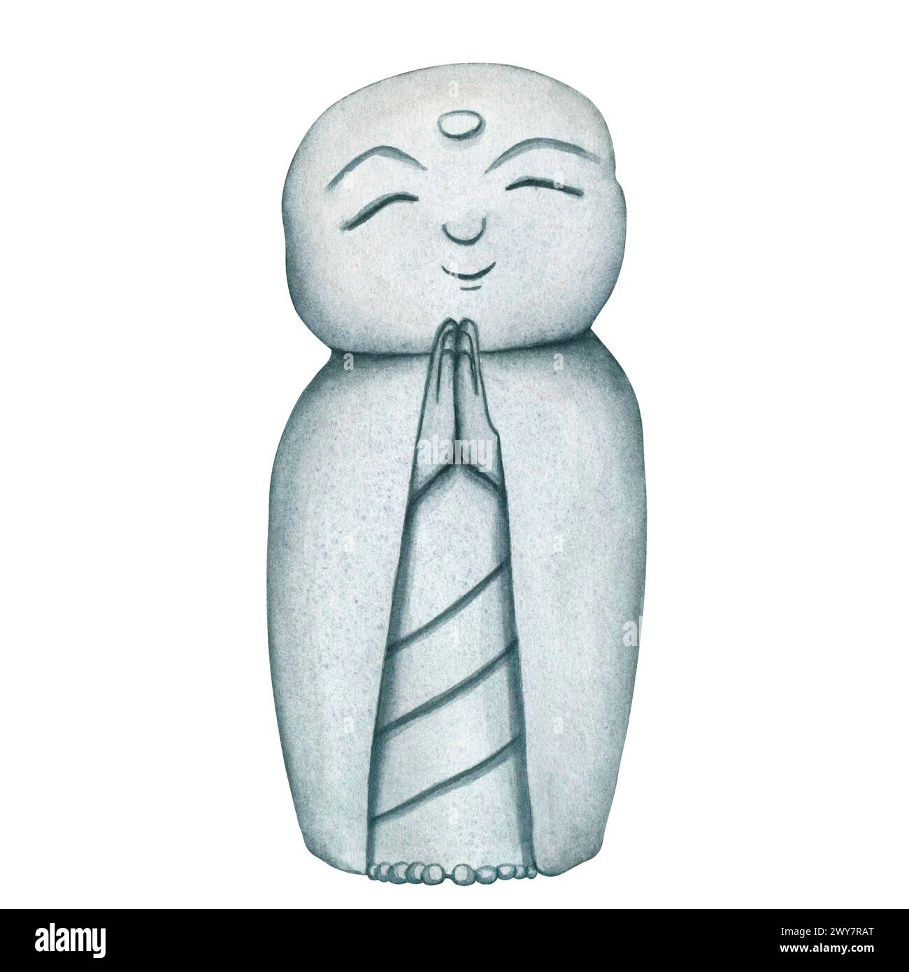 Jizo Bosatsu monk. Hand drawn watercolor illustration of Japanese Stone ...