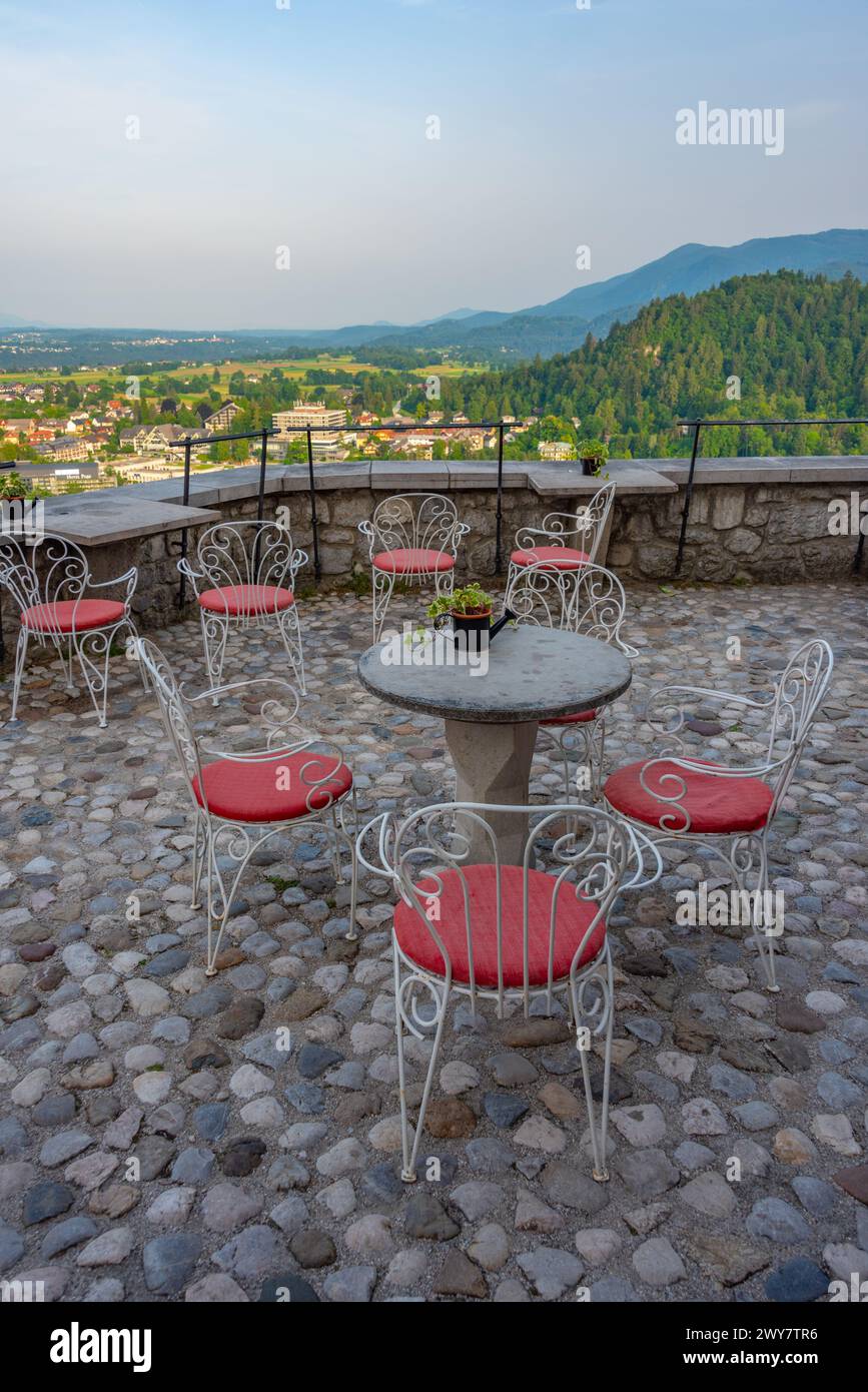 Terrace of a restaurant at the Bled castle in Slovenia Stock Photo - Alamy