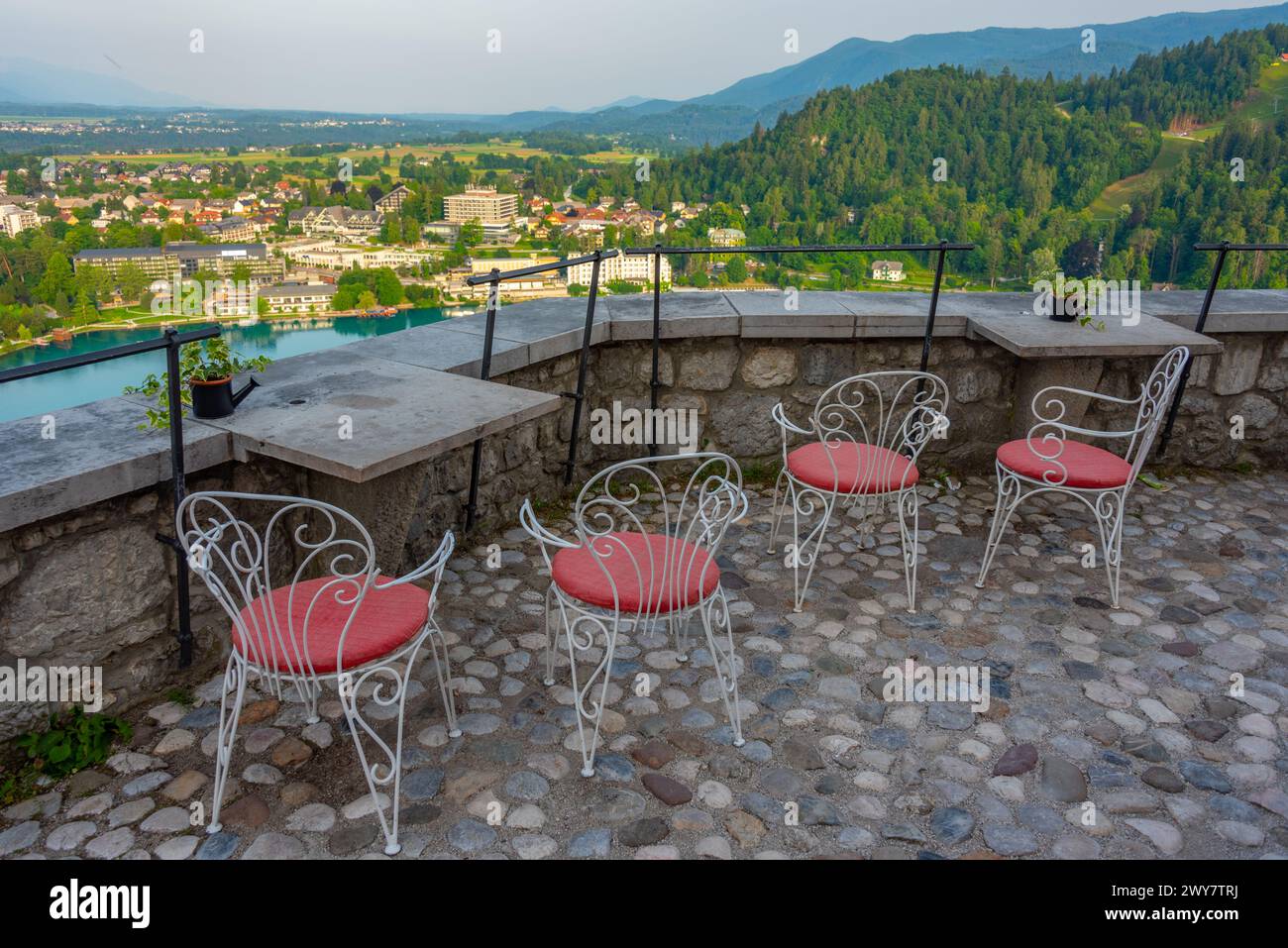 Terrace of a restaurant at the Bled castle in Slovenia Stock Photo - Alamy
