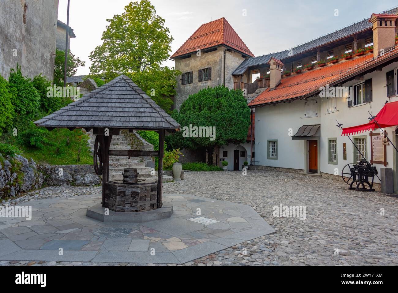 Terrace of a restaurant at the Bled castle in Slovenia Stock Photo - Alamy