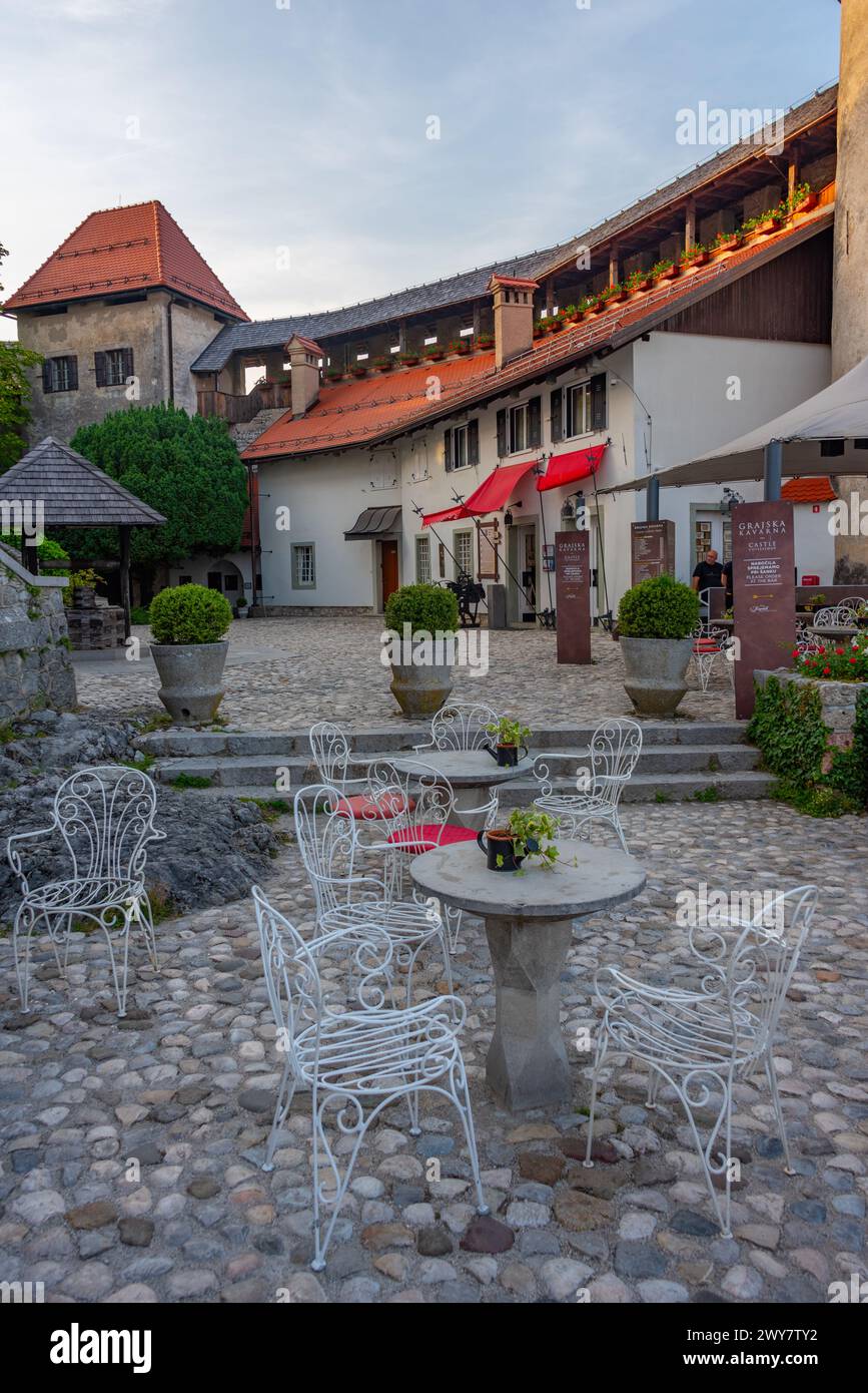 Terrace of a restaurant at the Bled castle in Slovenia Stock Photo - Alamy