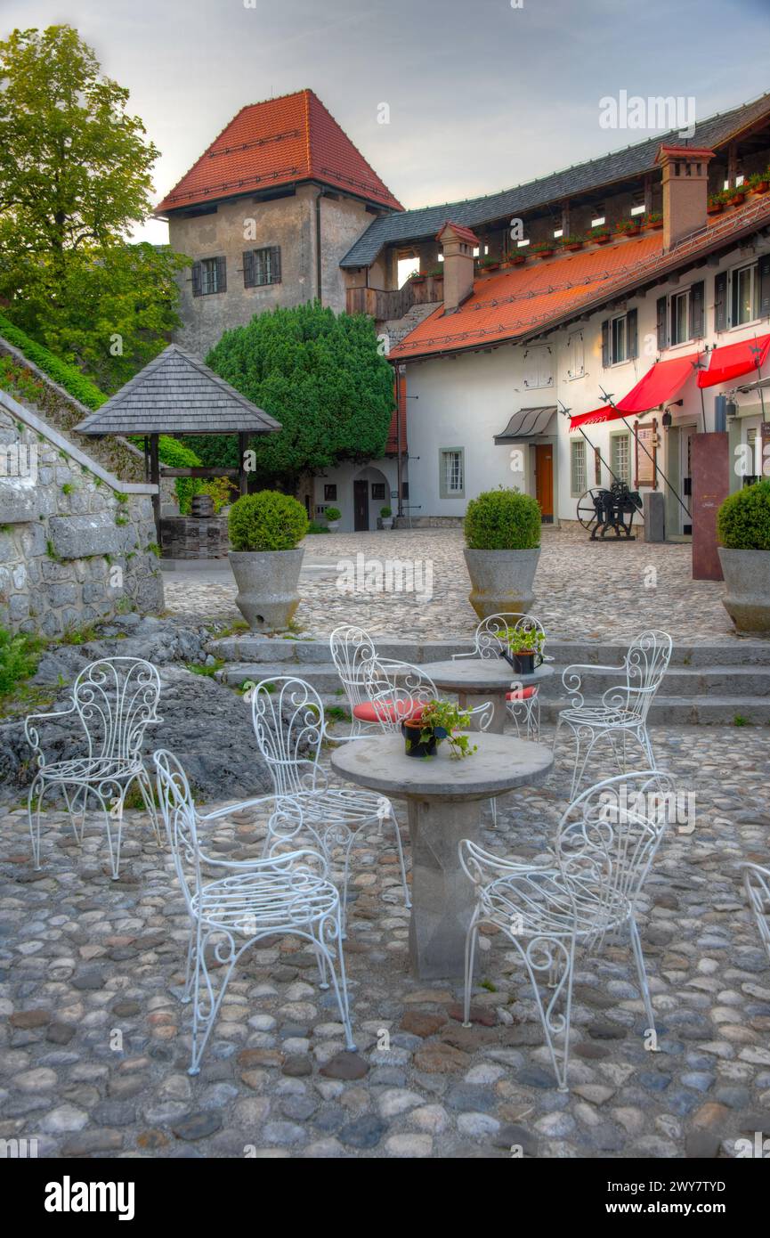 Terrace of a restaurant at the Bled castle in Slovenia Stock Photo - Alamy