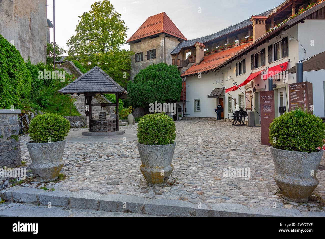Terrace of a restaurant at the Bled castle in Slovenia Stock Photo - Alamy