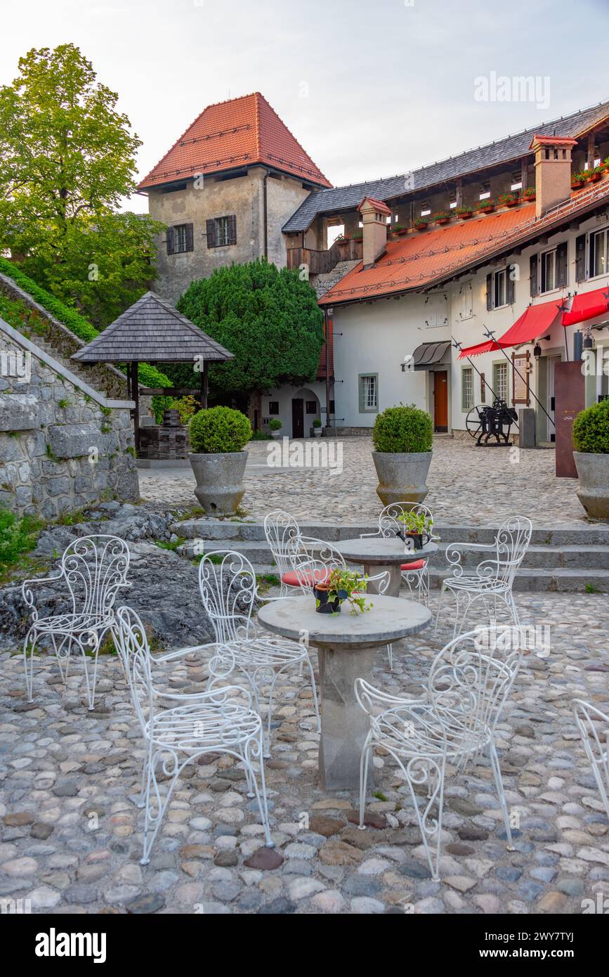 Terrace of a restaurant at the Bled castle in Slovenia Stock Photo - Alamy