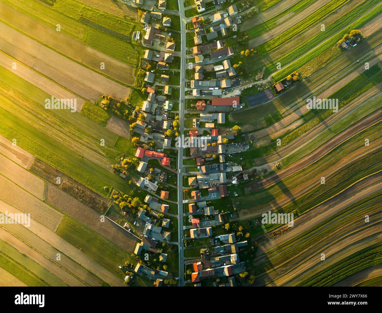 Aerial view directly from above on fields and buildings of Suloszowa ...