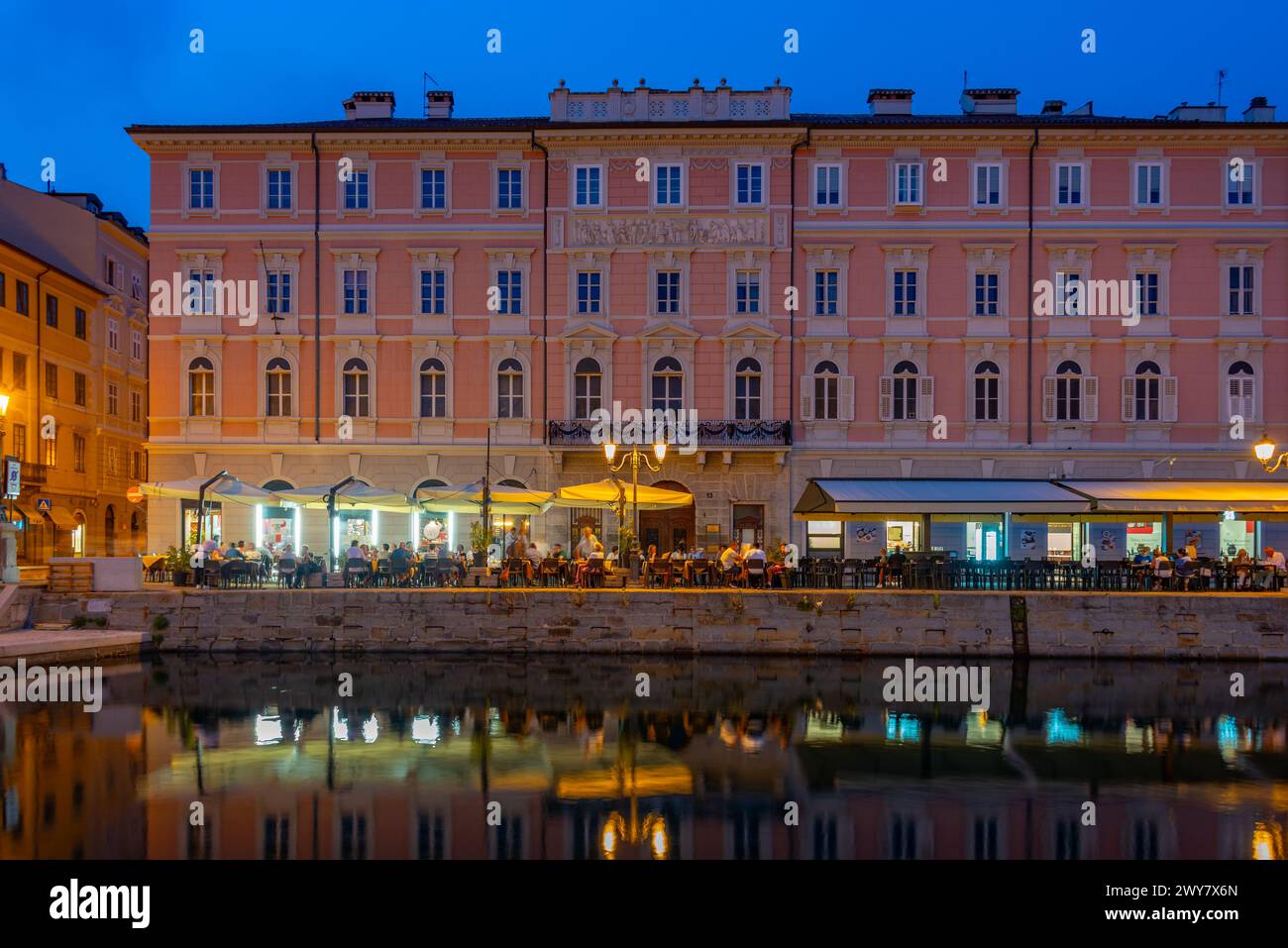 Night view of Restaurants at Canal Grande in Italian city Trieste Stock ...