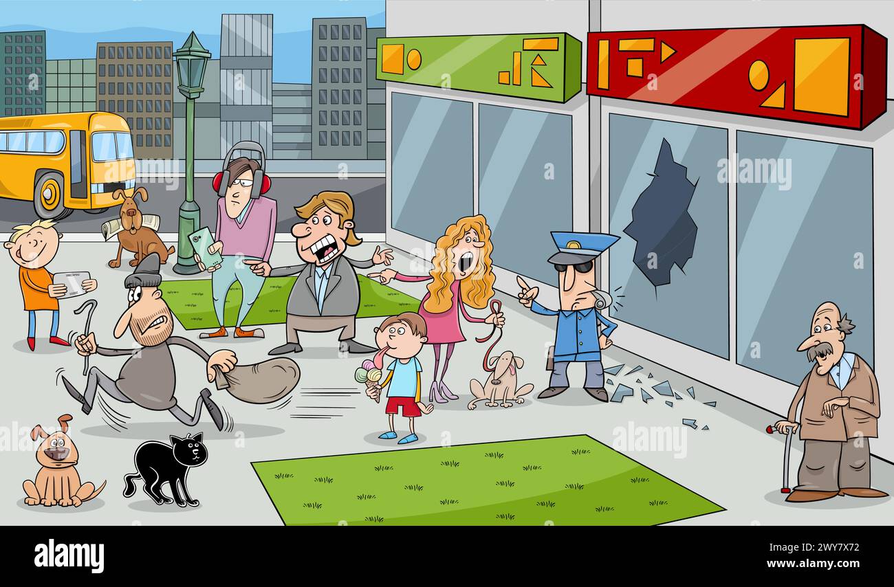 Cartoon illustration of street situation with running thief and ...