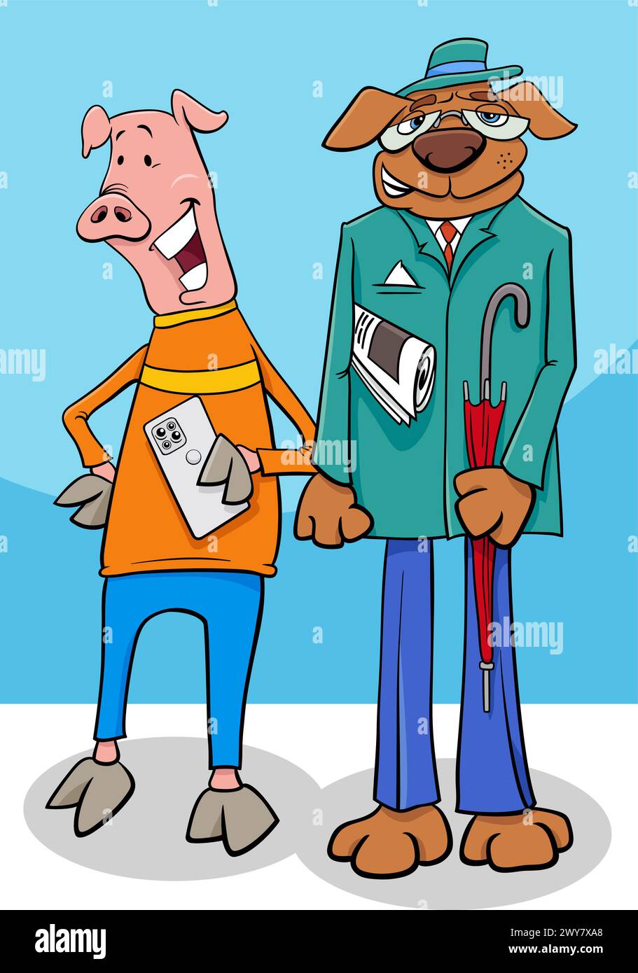Cartoon illustration of anthropomorphic pig and dog fantasy character ...