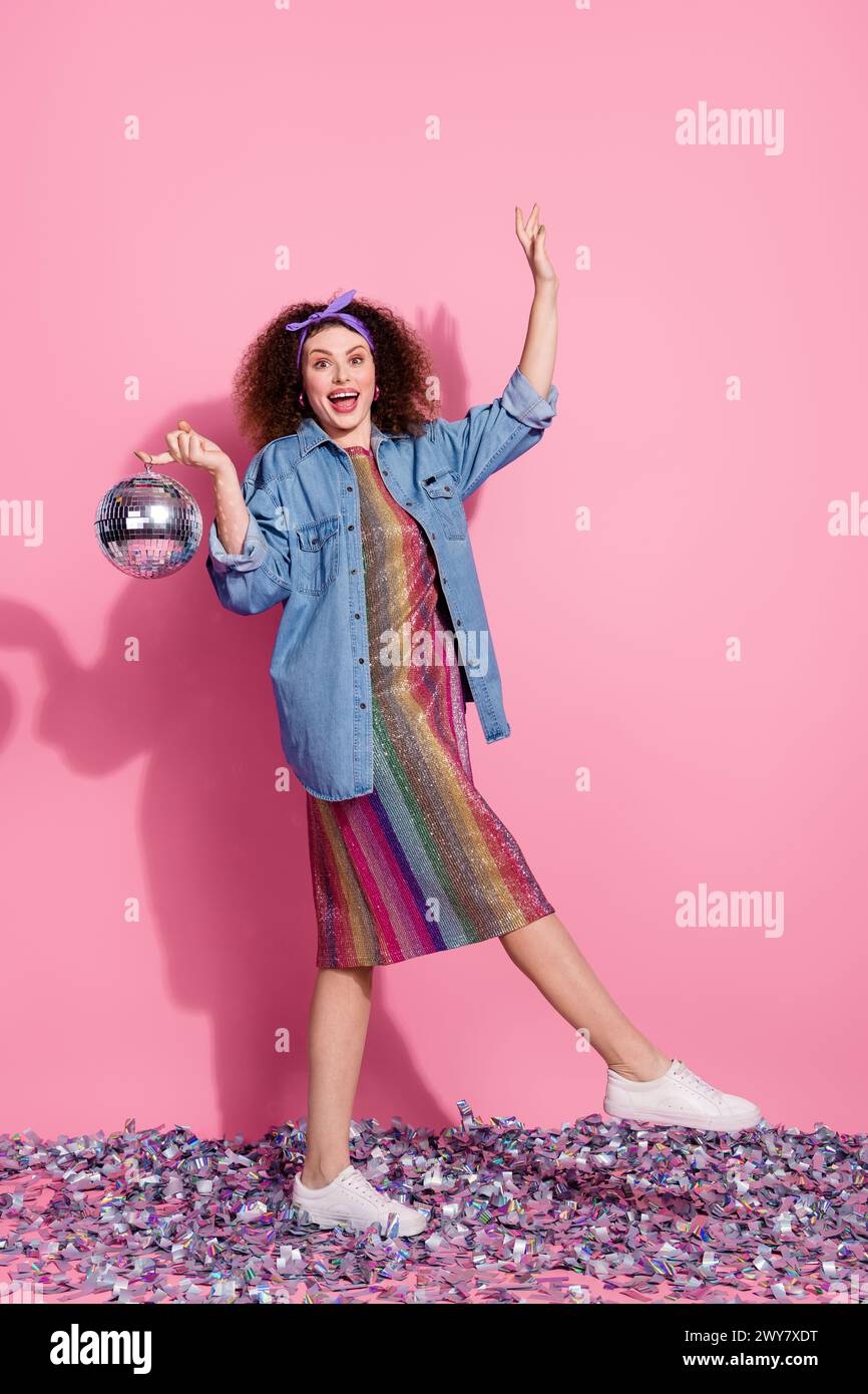 Full length vertical photo of impressed funky lady dressed jeans outfit ...