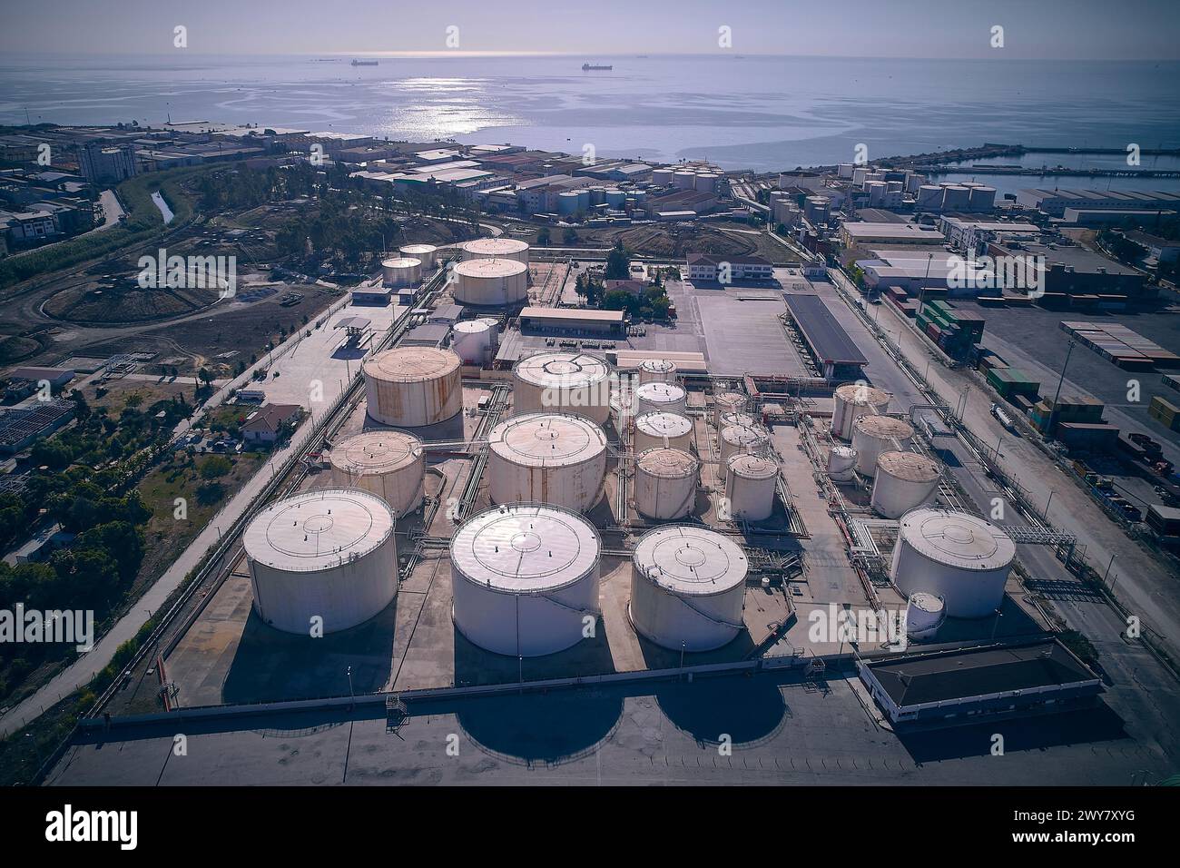 Oil storage tanks aerial view Stock Photo - Alamy