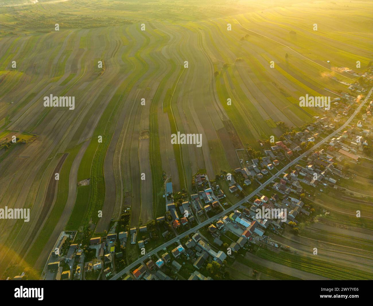Top view of Suloszowa village and buildings in summer sun rays, farm ...