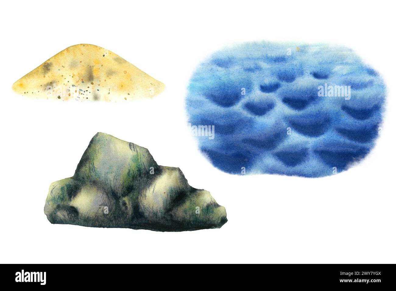 Sand rock and sea water elements set. Hand drawn watercolor ...