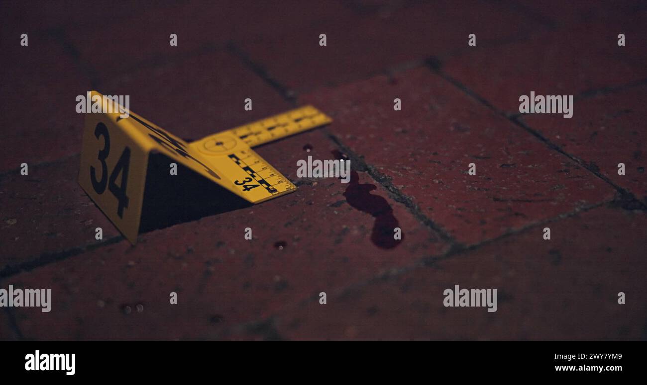 Crime scene, investigation and blood on floor for evidence, forensics ...