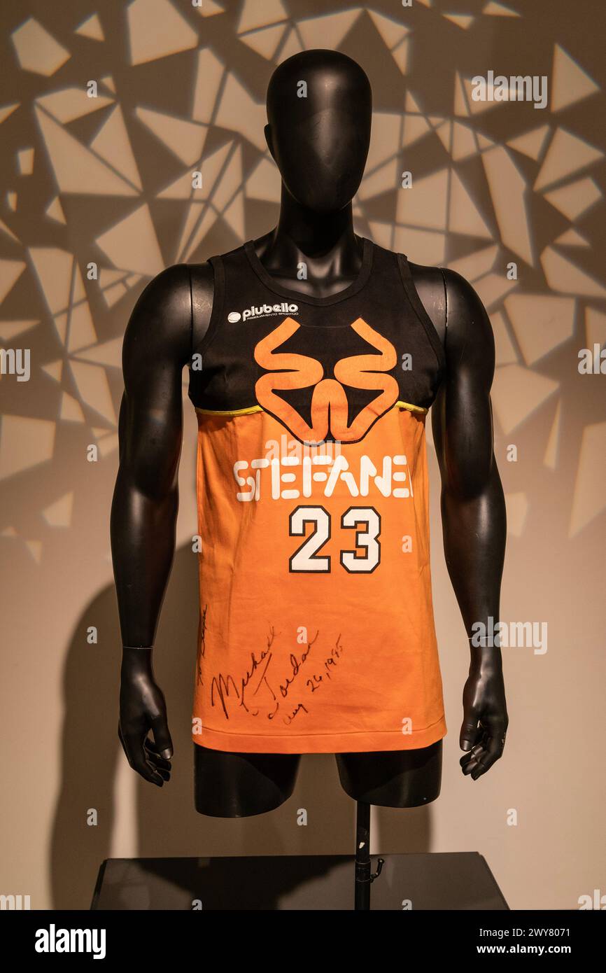 Michael Jordan Stefanel Trieste 1985 game worn jersey on display during ...