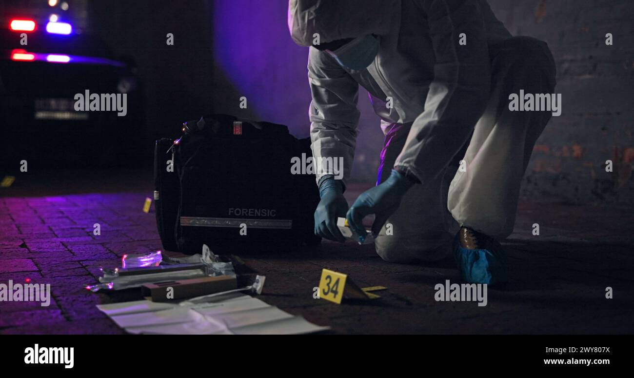 Forensic, csi and swab for dna at crime scene for medical investigation ...