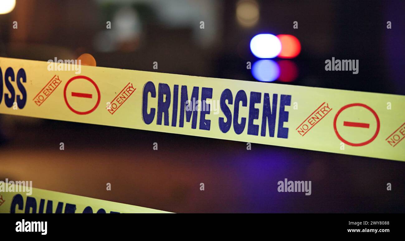 Police, sirens and yellow tape for crime scene, investigation and ...