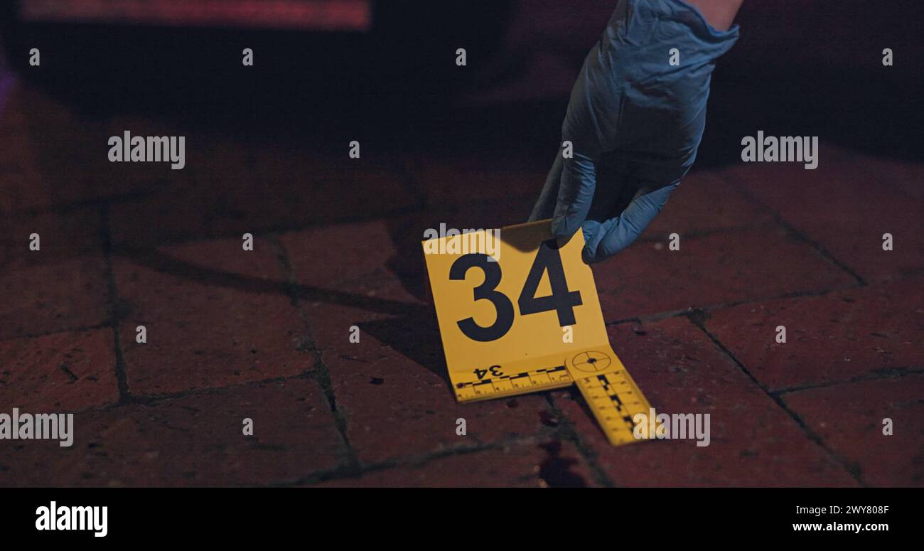 Evidence marker, hand of csi and crime scene with forensic on floor at ...