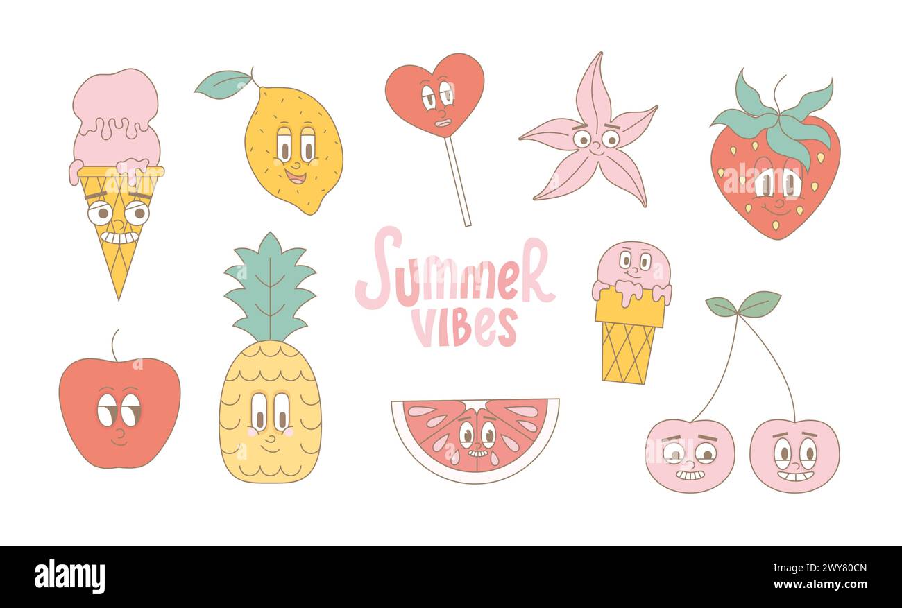Groovy summer fruits, icecream, star. Funky mascot of pineapple ...